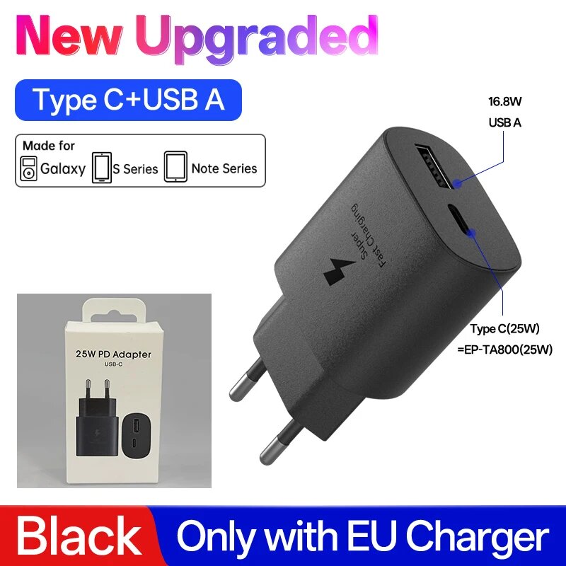 Супербыстрое зарядное устройство Samsung 25 Вт, адаптер типа C Galaxy S25 S24 S23 Black 25w EU Plug