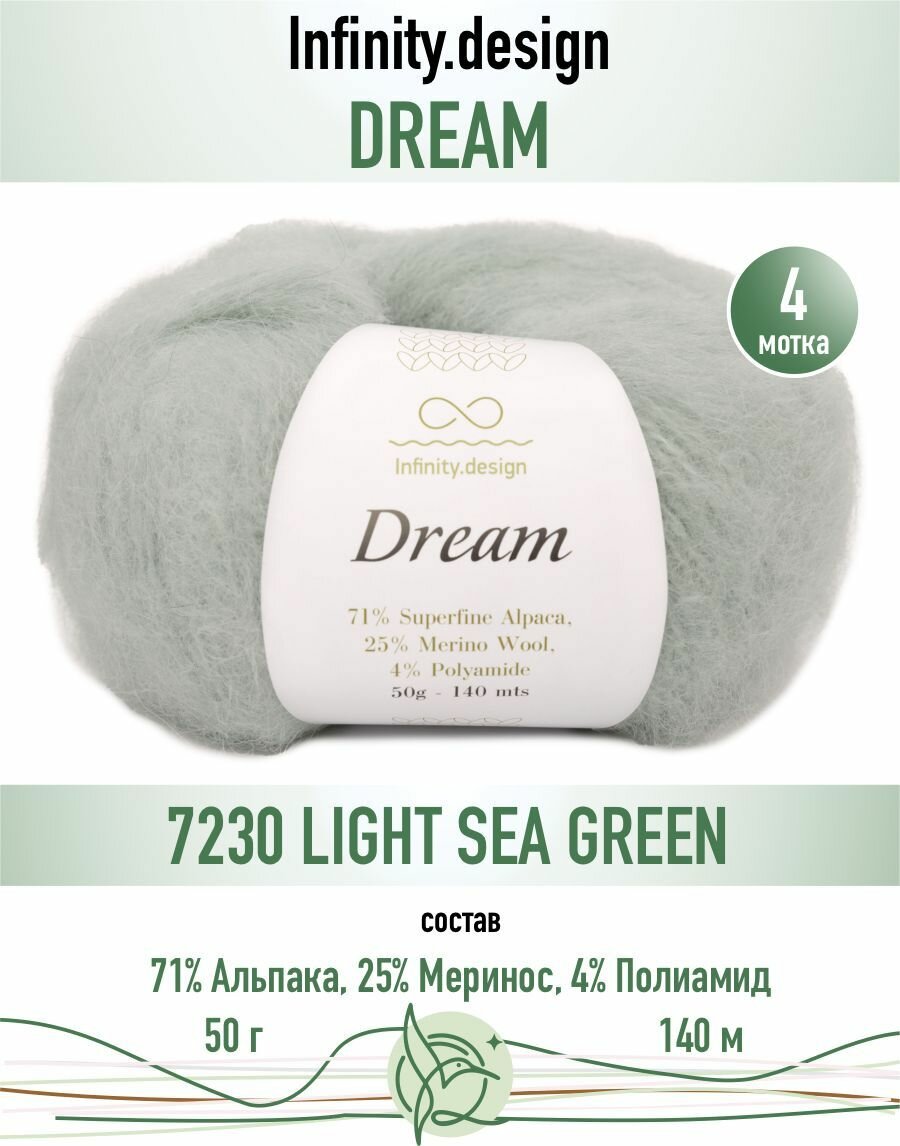 Пряжа для вязания Infinity Design Dream (7230 Light Sea Green) 4 мотка по 50 г/140 м