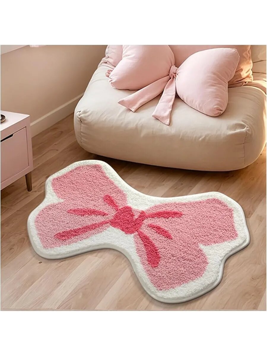 Розовый коврик для ванной с бантом пушистый антискользящий