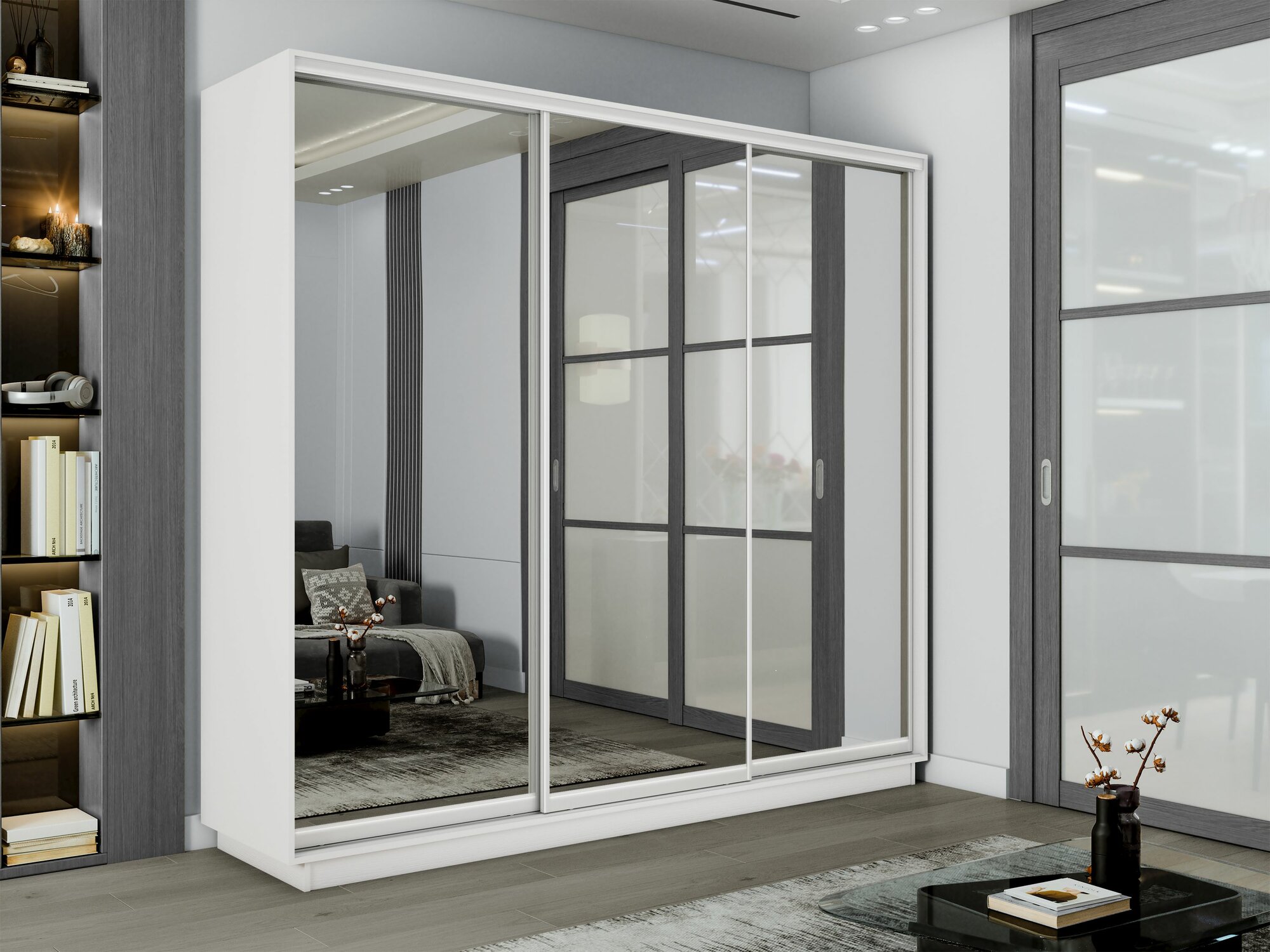 Шкаф купе Вилли 3-х дверный ЛДСП, зеркальные двери, профиль серебро 180 см х 240 см х 60 см (Белый снег)