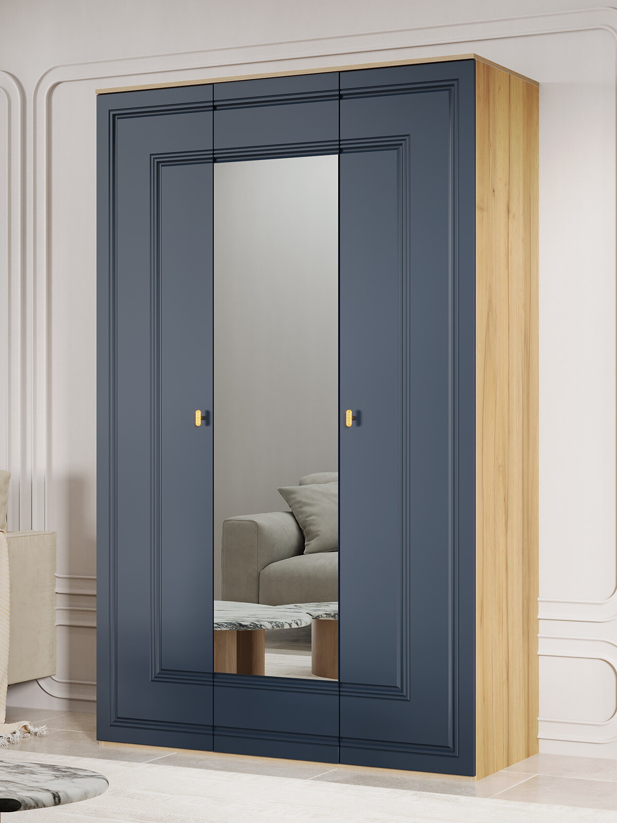 Шкаф Кураж "Вега Сапфир", трехдверный, с зеркалом, с доводчиками, 135 см x 57,4 см x 221,6 см синий