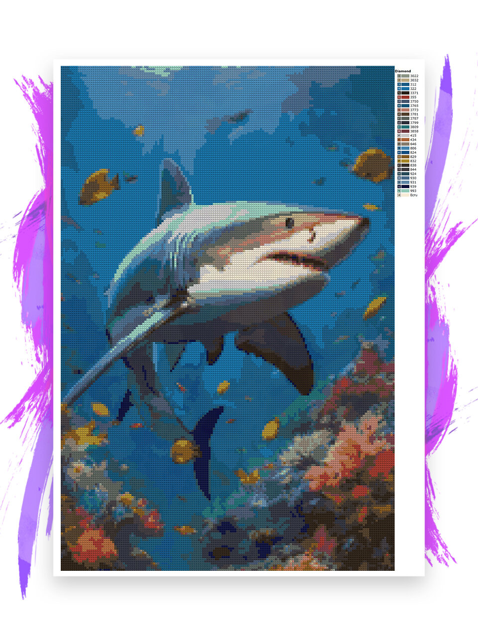 Алмазная мозаика без подрамника - вышивка Белая акула 40 х 60 см