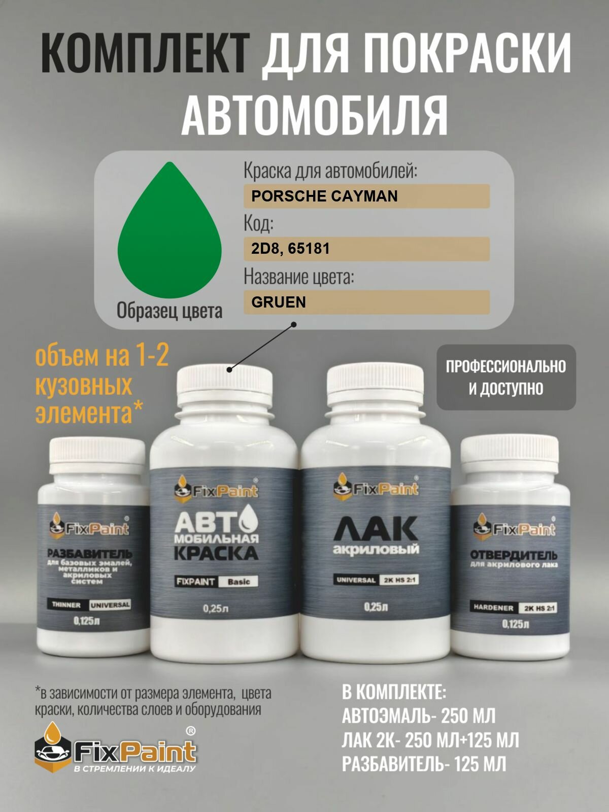 Комплект для покраски PORSCHE CAYMAN, код 2D8, 65181, GRUEN, базовая автомобильная краска 250 мл, лак 2K 250 мл с отвердителем, разбавитель 125 мл, FixPaint Pro