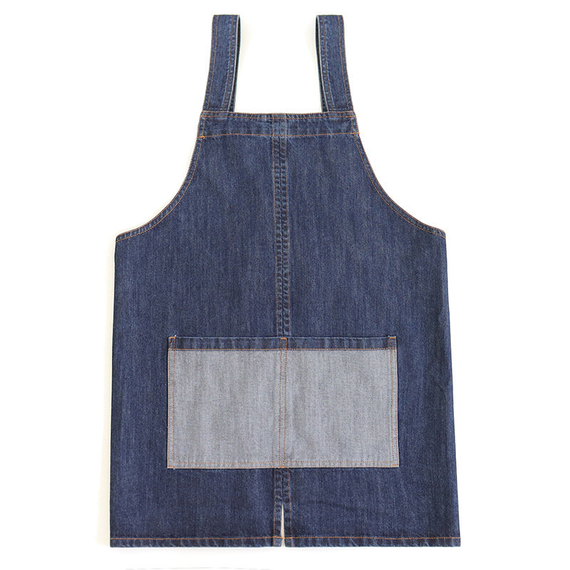 Джинсовый фартук с регулируемой H-образной лямкой и большим контрастным карманом для мужчин и женщин. Фартуки для бариста в корейском стиле для кафе, ресторанов и кухни. Прочная рабочая одежда для повседневных задач.