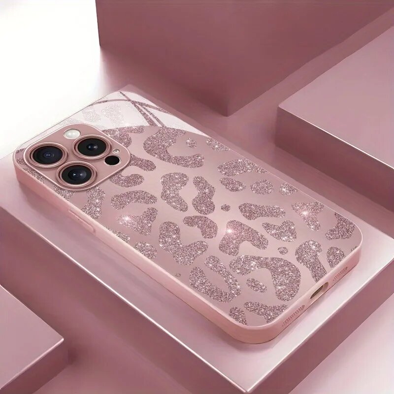 Розовый чехол iPhone 17 с леопардовым принтом и блестками
