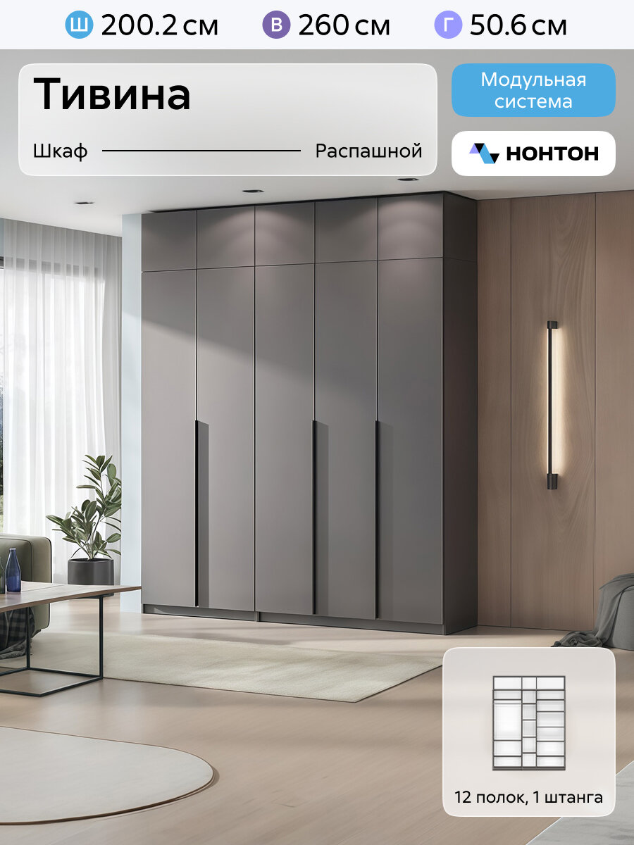 Комплект распашных шкафов для одежды Нонтон Тивина, с антресолью, 2 шт, 200 см, 12 полок и 1 штанга, графит серый
