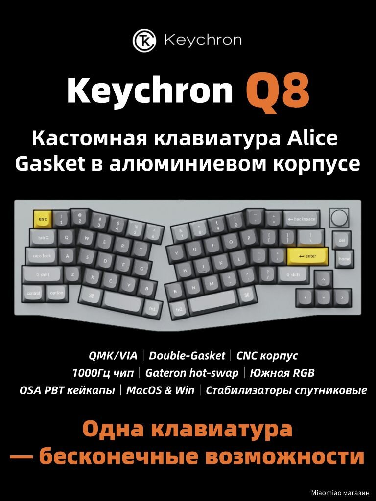 Keychron Клавиатура проводная 65 % Alice эргономичная механическая клавиатура Keychron Q8 с двойным Gasket и PBT колпачками, (Gateron G Pro Red), светло-серый