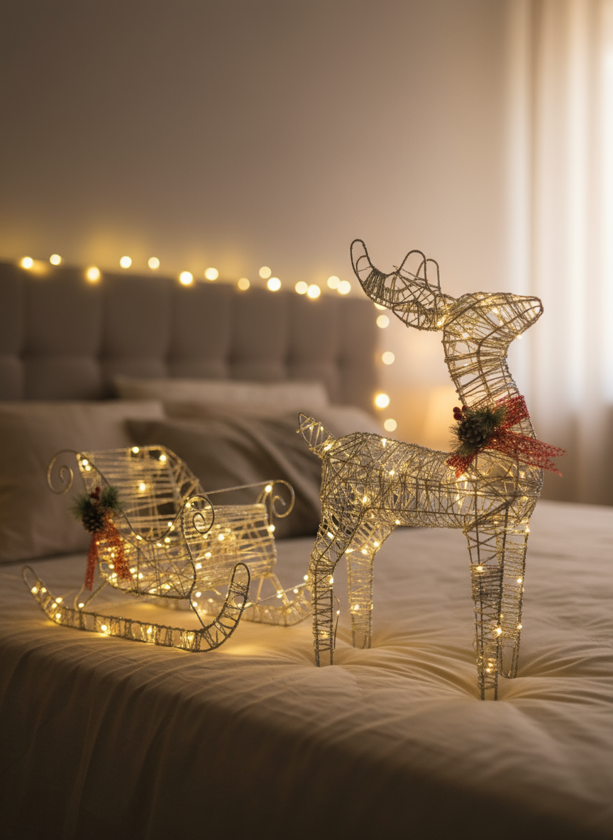 Новогодний декор для дома - Олень с санями серебристый, металлический, ажурный, светящийся, размер: 50х57х17 см