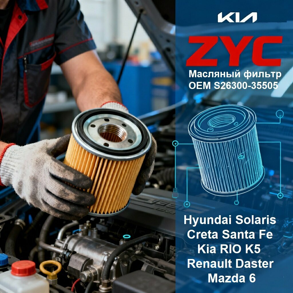 Масляный фильтр ZYC для Hyundai Solaris|Creta|Santa Fe> Kia RIO/K5> Renault Daster > Suzuki> Mazda6 S26300-35505
