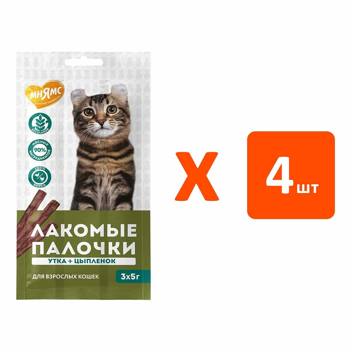 Лакомство Мнямс для кошек палочки с цыпленком и уткой, 15 гр 4 шт
