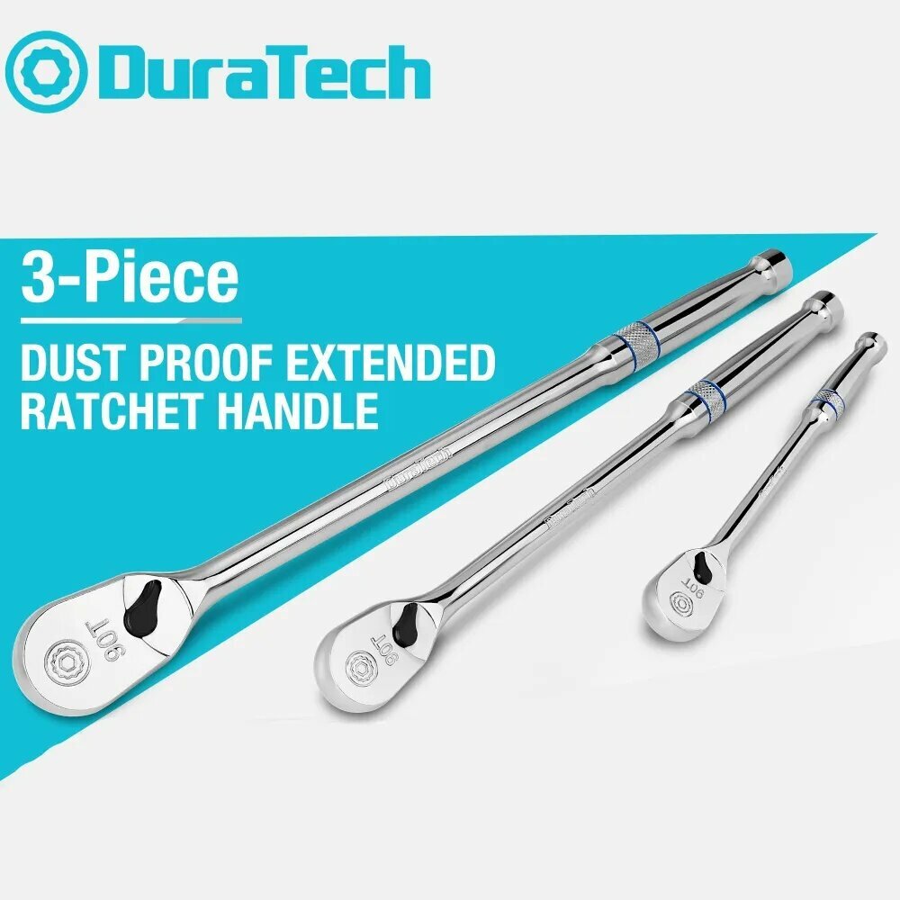 DURATECH 3-компонентная сверхдлинная рукоятка с храповым механизмом, 90-зубчатый ключ с пылезащитной каплевидной головкой