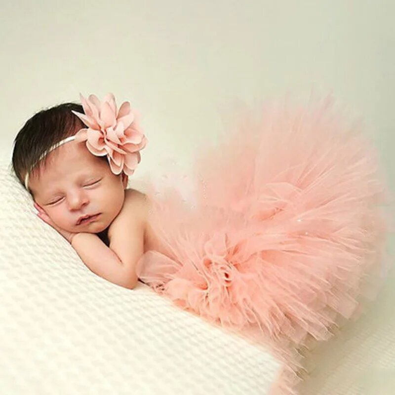 Комплект реквизита для фотосессии для детей 0-1 года, юбка для новорожденных, пушистая повязка на голову с цветком, одежда для детской фотографии, платье принцессы