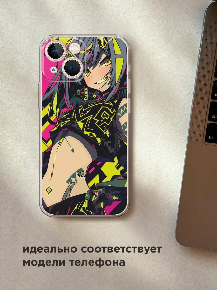 Чехол на Apple iPhone 13 mini / Айфон 13 мини с принтом "Девушка в кибер костюме" — фото 1