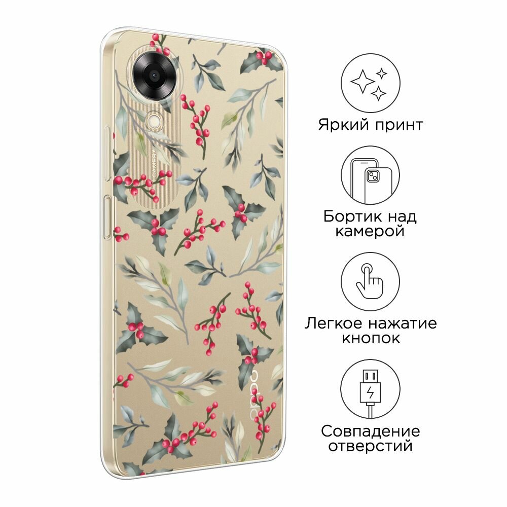 Чехол на Oppo A17K / Оппо A17K с принтом Зимние ягоды паттерн, прозрачный — фото 1