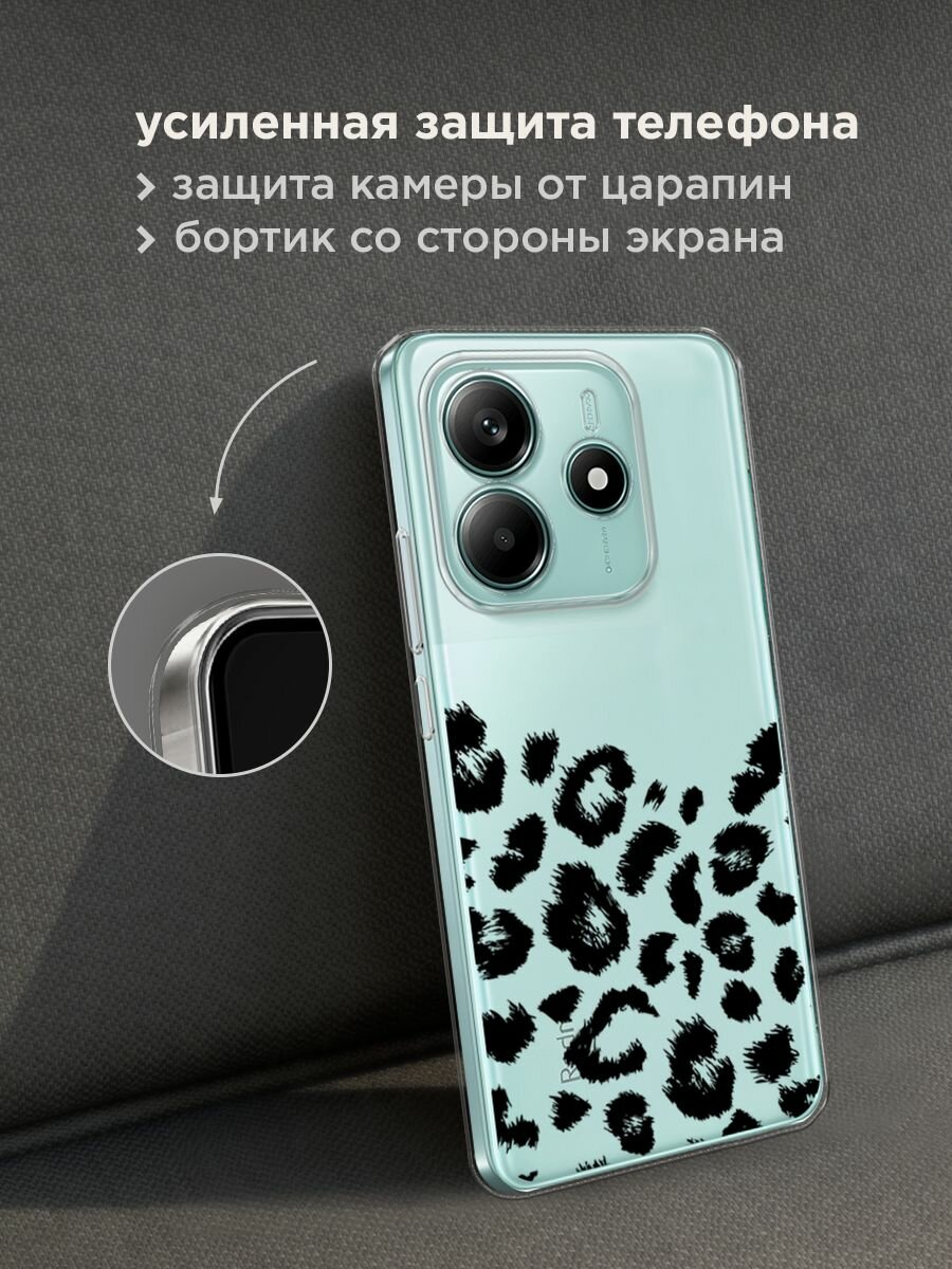 Чехол на Xiaomi Redmi Note 14 4G / Редми Нот 14 4G с принтом "Окрас леопарда фон черный", прозрачный — фото 1