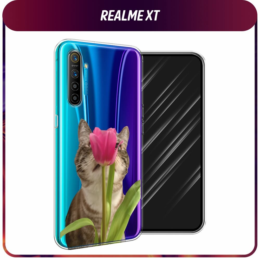 Чехол на Realme XT / Реалми XT с принтом "Кот с тюльпаном - 8 марта", прозрачный