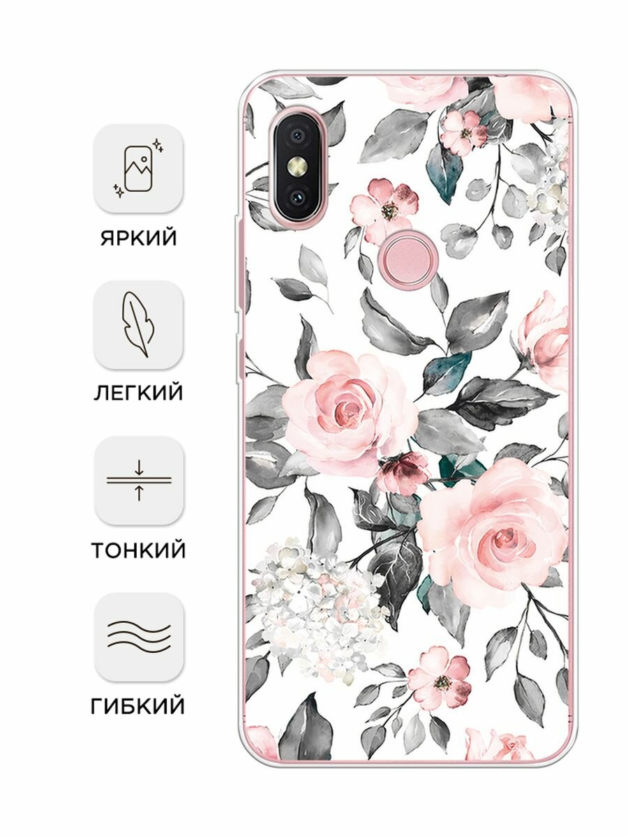 Чехол на Xiaomi Redmi S2 (Redmi Y2) / Сяоми Редми С2 (Редми Y2) с принтом "Розы на белом" — фото 1