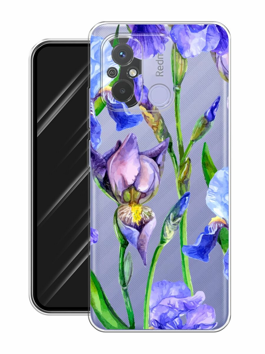 Чехол на Xiaomi Redmi 12C/Poco C55 / Редми 12C/Поко С55 с принтом "Синие ирисы", прозрачный — фото 1
