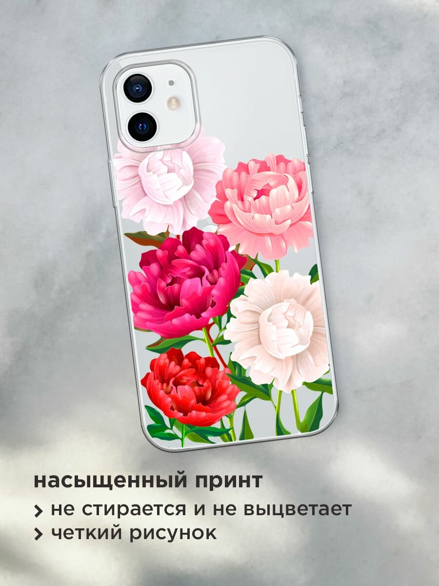 Чехол на Apple iPhone 12/12 Pro / Айфон 12/12 Про с принтом "Большие пионы", прозрачный — фото 1