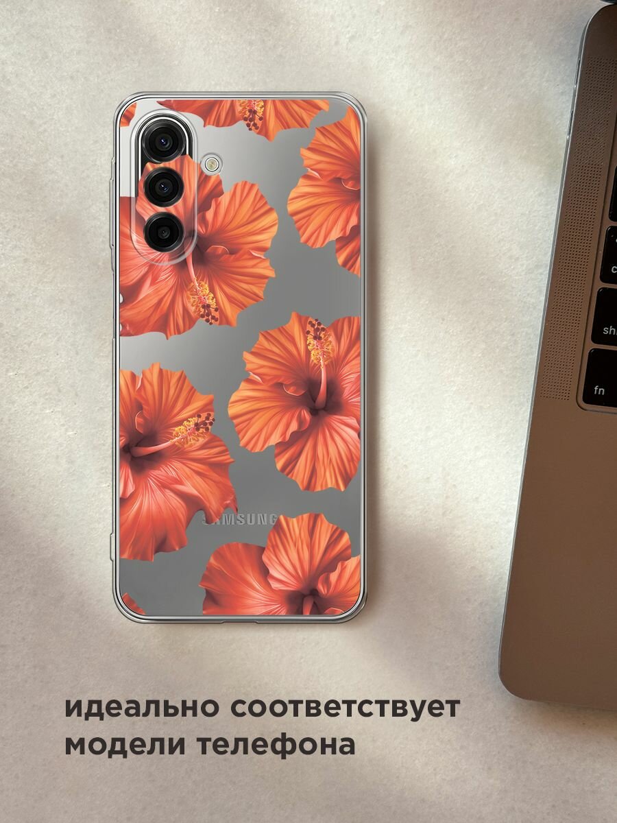 Чехол на Samsung Galaxy A17 / Самсунг А17 с принтом "Рыжие гибискусы", прозрачный — фото 1
