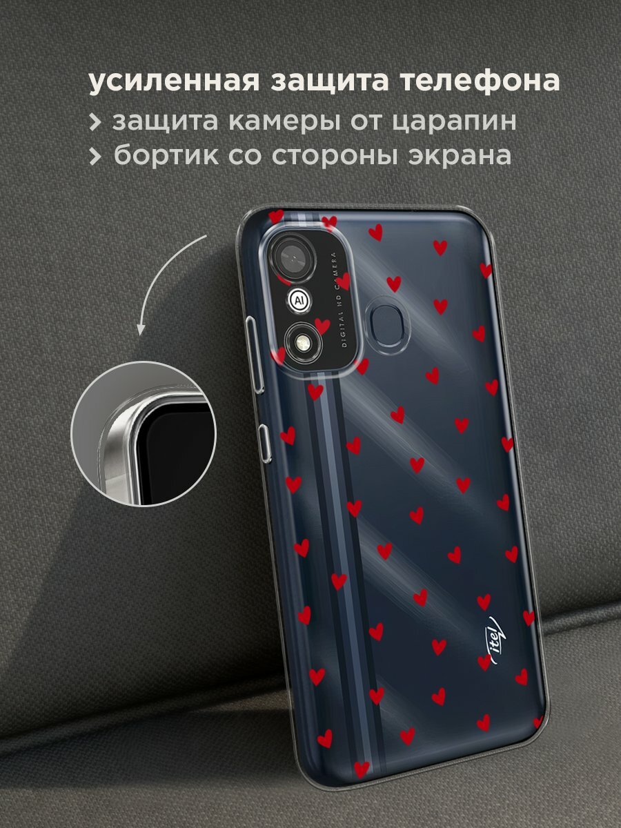 Чехол на Itel A27 / Ител А27 с принтом "Red hearts", прозрачный — фото 1
