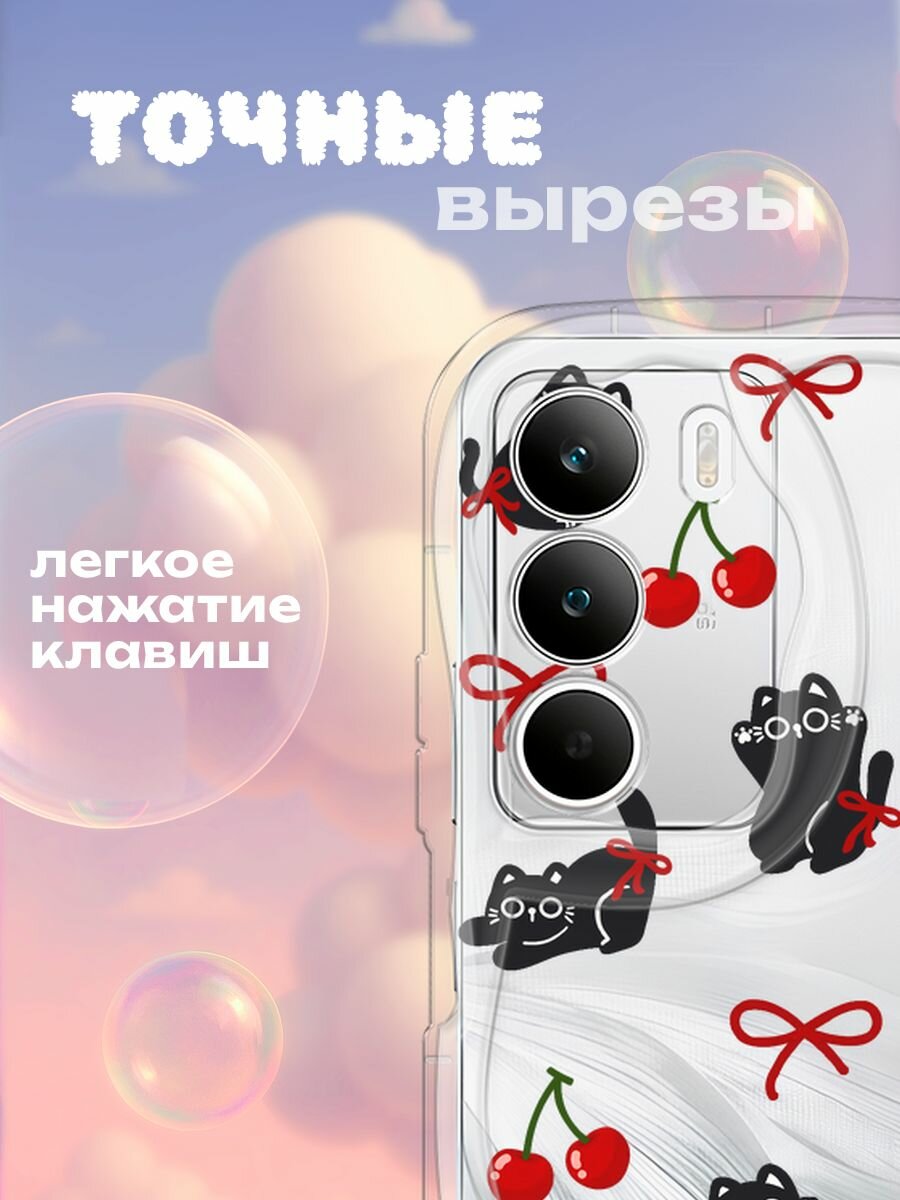 Чехол на Realme C71/P3 Lite 4G / Реалми С71/P3 Лайт 4G/P3 Лайт 4G с принтом "Котик, вишня и бантики" — фото 1