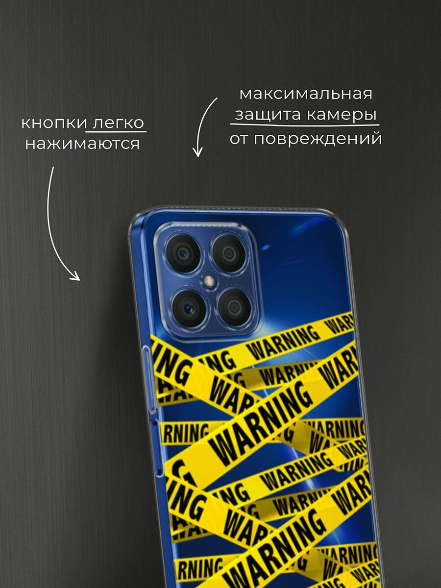 Чехол на Honor X8 / Хуавей X8 с принтом "Warning!", прозрачный — фото 1