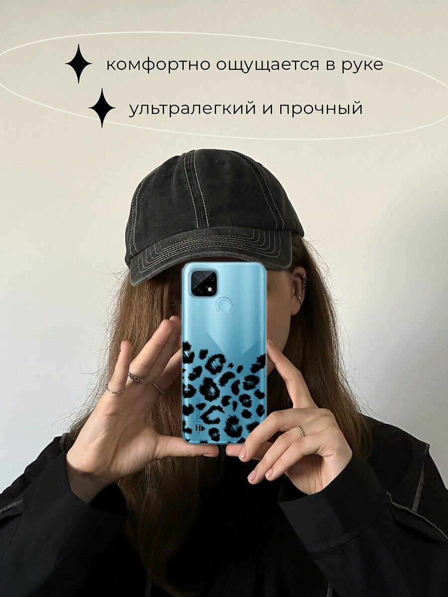 Чехол на Realme C21 / Реалми С21 с принтом "Окрас леопарда фон черный", прозрачный — фото 1