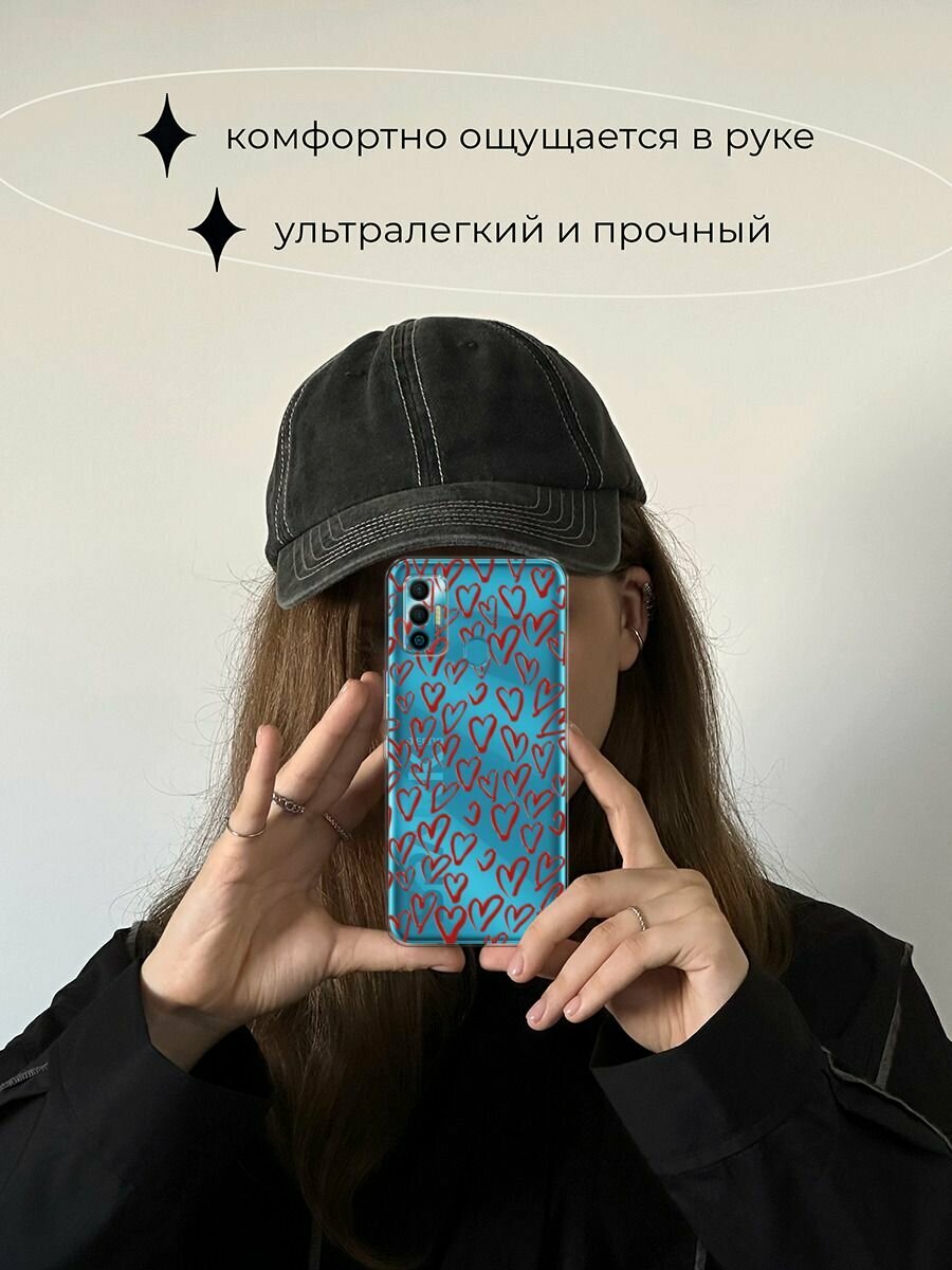 Чехол на Tecno Spark 7 / Техно Спарк 7 с принтом "Легкие бордовые сердечки" — фото 1