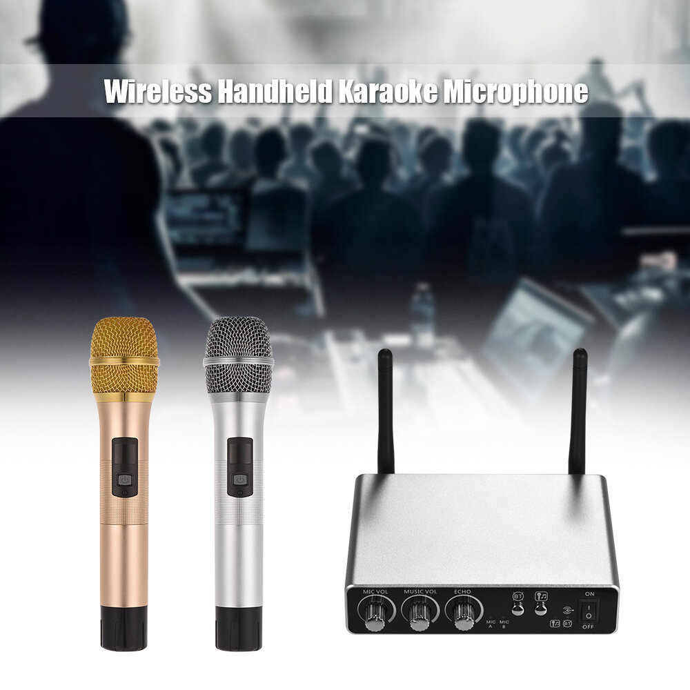 Беспроводная система ручных микрофонов с 2 беспроводными микрофонами и приемником, 25 каналов, диапазон UHF, серебристый + золотой цвет, для караоке, конференций, выступлений, набор микрофонов K28, длина микрофона 24см, материал пластик и металл