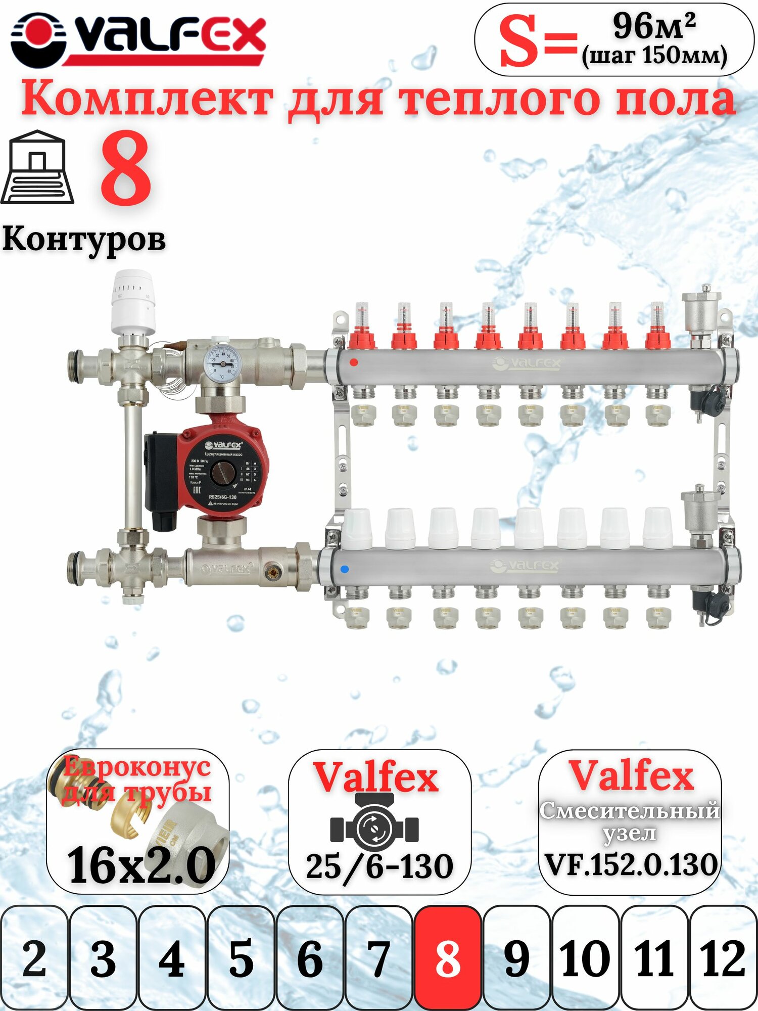 Комплект тёплого пола на 8 контуров VALFEX (Коллектор на 8 выходов+Насос+НСУ c байпасом+Евроконусы 16х2,0)