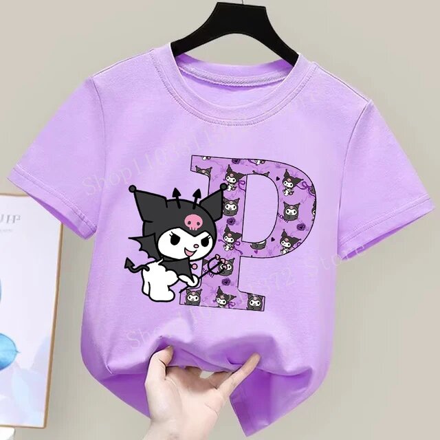 Детская футболка Sanrio Kuromi с милым мультяшным принтом в виде букв AZ и аниме, модная одежда для девочек, топы из хлопка с короткими рукавами для малышей, Размер:120