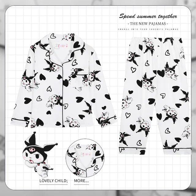 Детская пижама Sanrios Cinnamon Dog Kuromi My Melody, повседневная, весенняя, для дома, с длинными рукавами и воротником, кардиган, пижамные штаны для девочек, Размер:16 Рост 140-145см