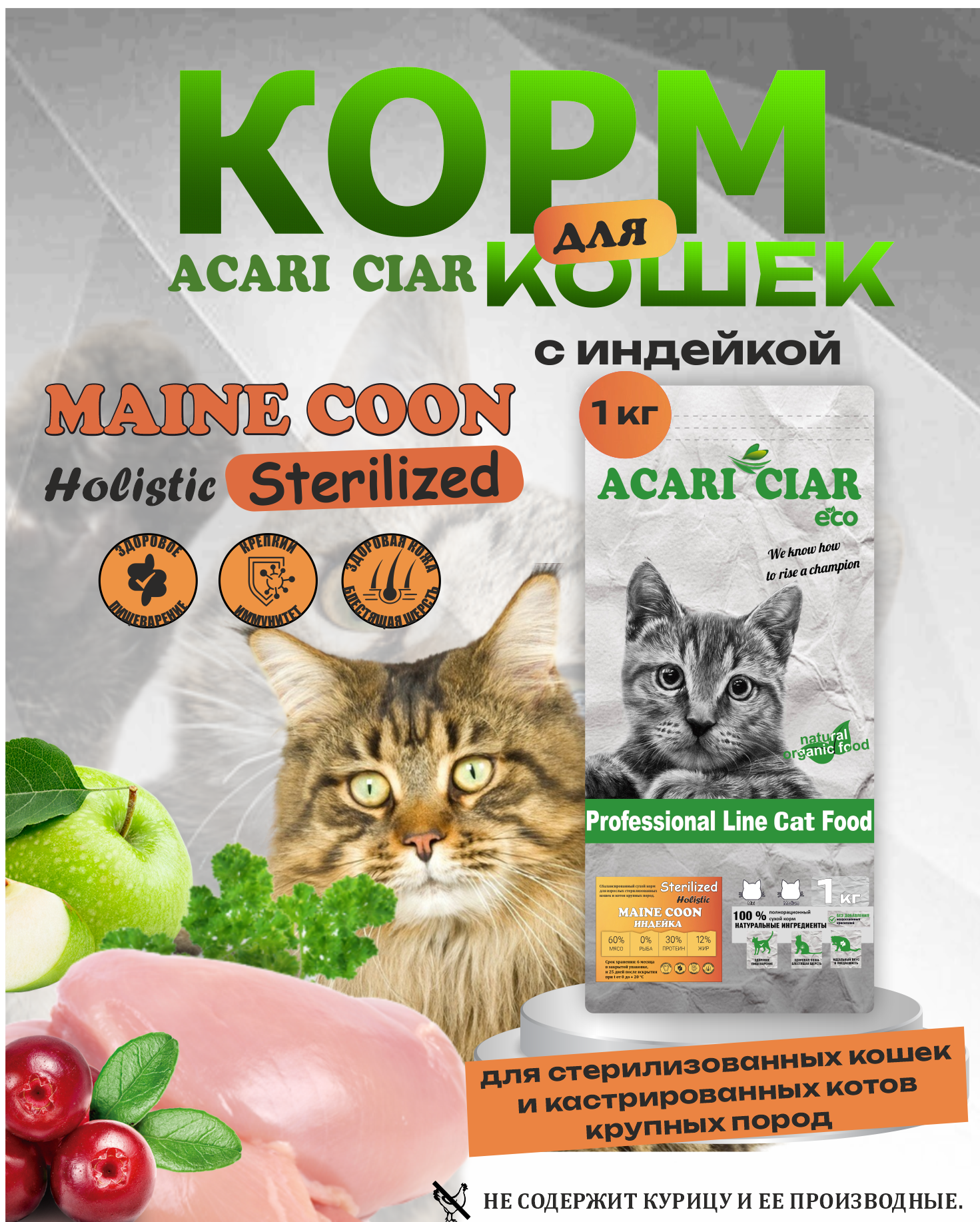 Сухой корм для кошек Acari Ciar Vet A Cat Holistic Sterilized Turkey 1 кг Main-Coon гранула