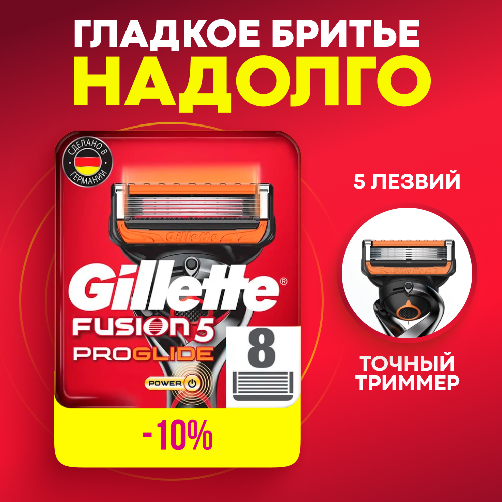Сменные кассеты Gillette Fusion Proglide Power с 5 лезвиями для точного бритья, 8 шт / Лезвия для бритвы Джилет мужские