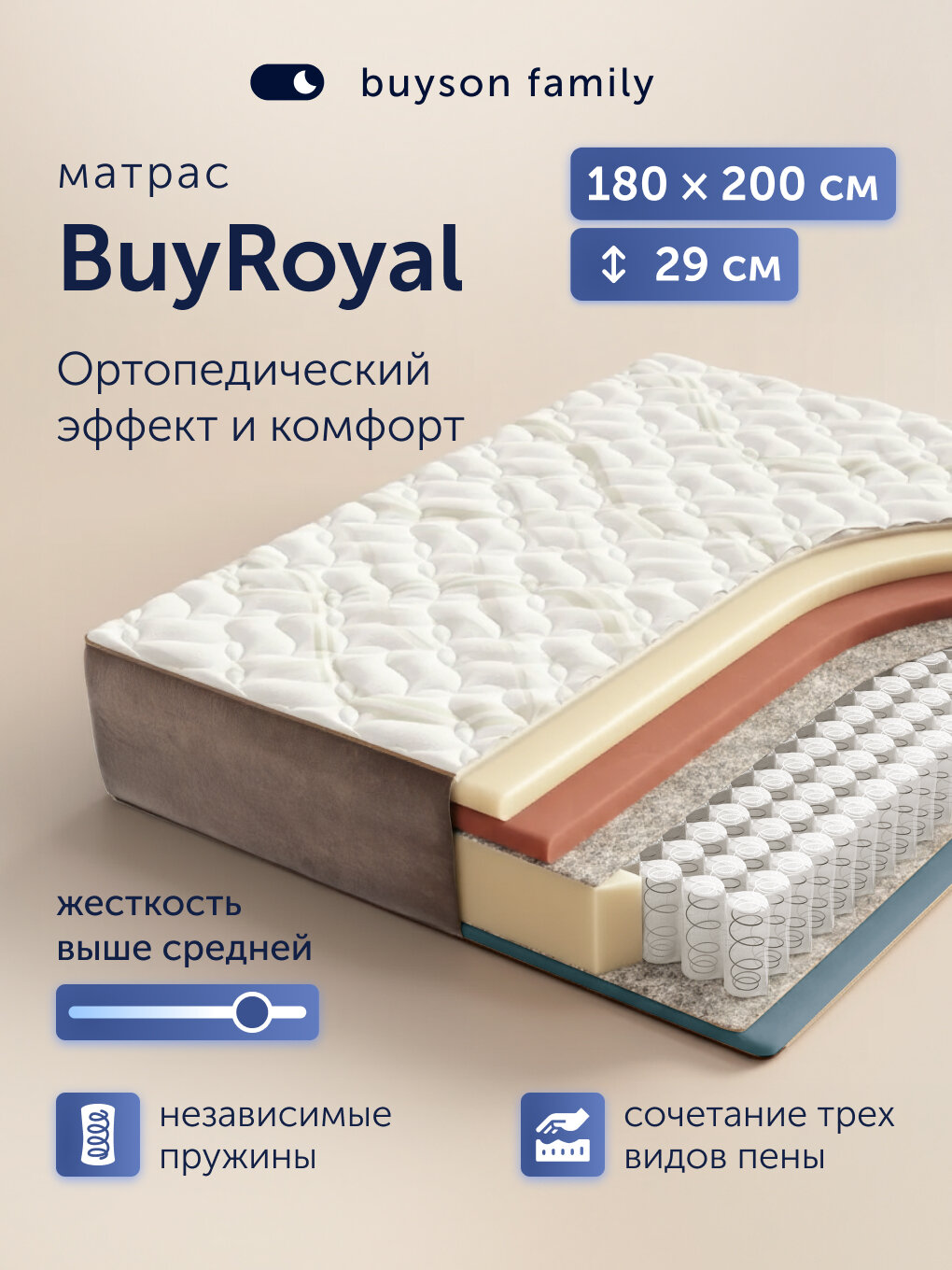 Ортопедический матрас buyson family BuyRoyal, 180х200 см, независимые пружины