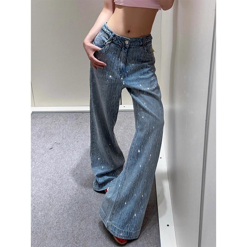 Охоты Брюки JYL Дамские джинсы: Летние, звездный принт, термопленка, синие, широкие Чистый цвет талии_S
