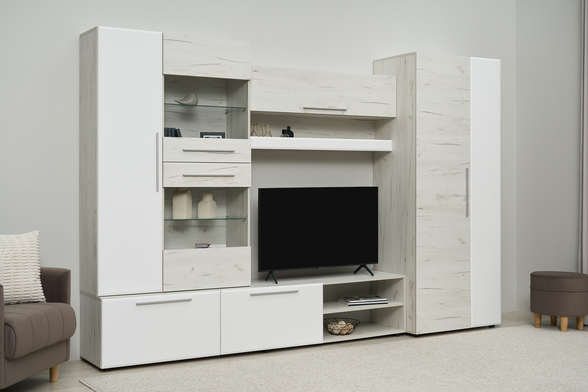 Стенка в гостиную со шкафом Нонтон Сафари, 300x51x200 см, дуб крафт белый / матовый белый