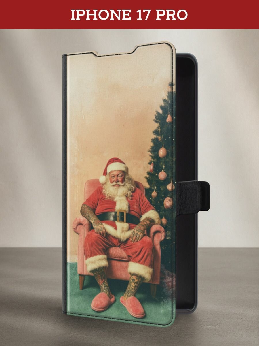 Чехол-книжка на Apple iPhone 17 Pro / Айфон 17 Про с рисунком Крутой Дед-Мороз, черный