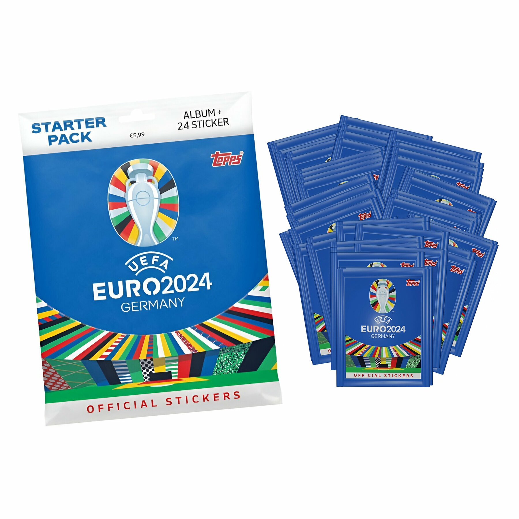 Стартовый набор для коллекционирования наклеек Topps EURO 2024, альбом в мягкой обложке - 300 наклеек, на немецком