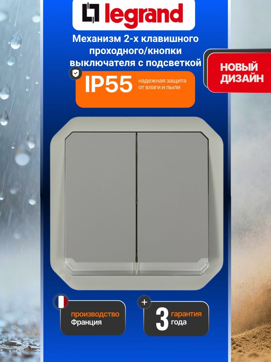 Legrand Plexo NEW Механизм 2кл проходного выключателя/кнопки с подсветкой Серый 069526L