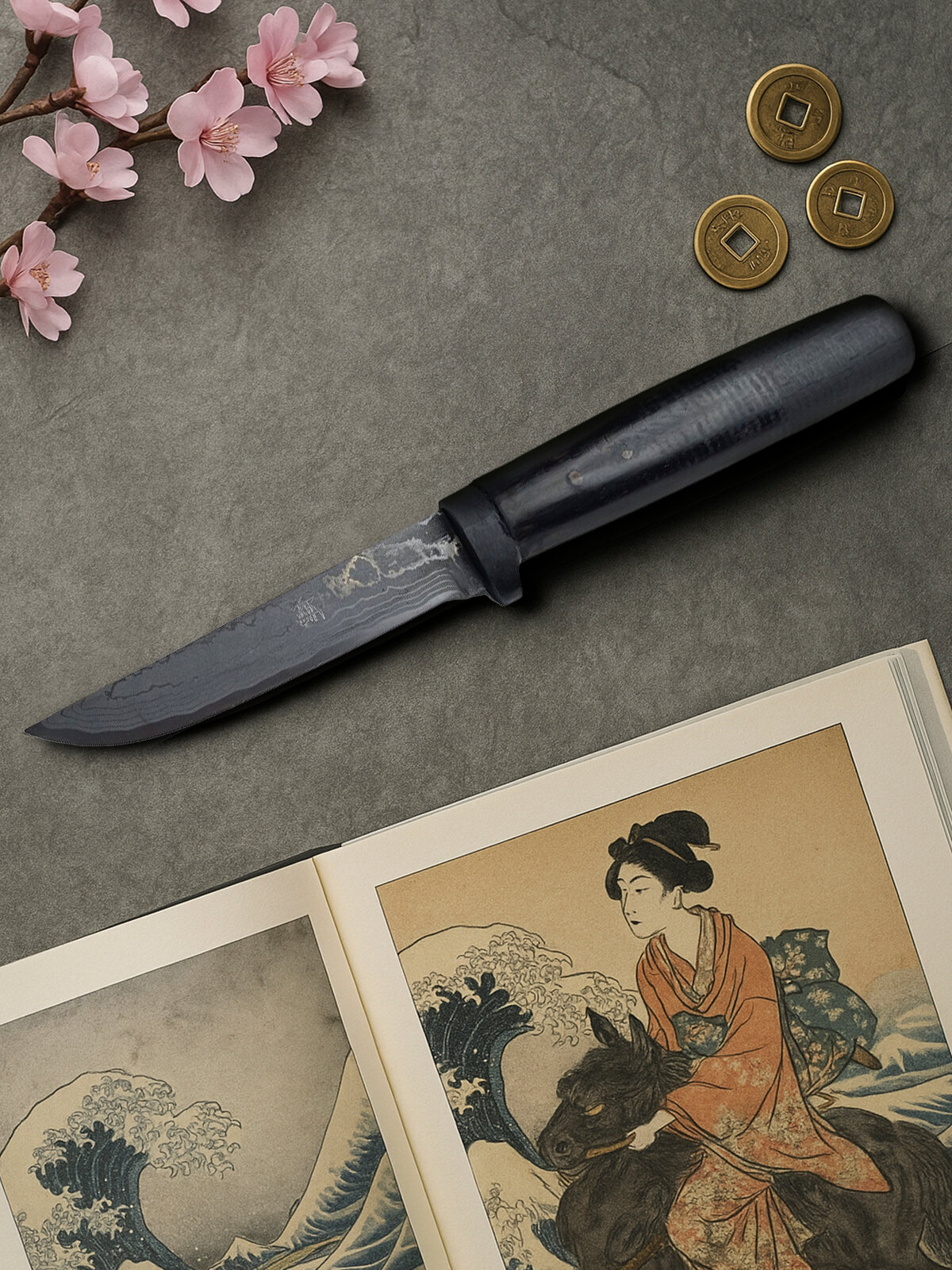 Нож туристический Nomura Takeshi (NM-2403), длина лезвия 12,5 см, сталь Suminagashi White2, рукоять дерево, Япония
