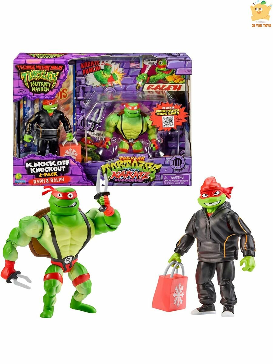 TMNT Mutant Mayhem Tubular Tortoise Karate Warriors Raph & Ralph / Шарнирные фигурки черепашек-ниндзя-подростков Рафа и Ральфа, подходящие для детей в возрасте от 4 лет и старше.