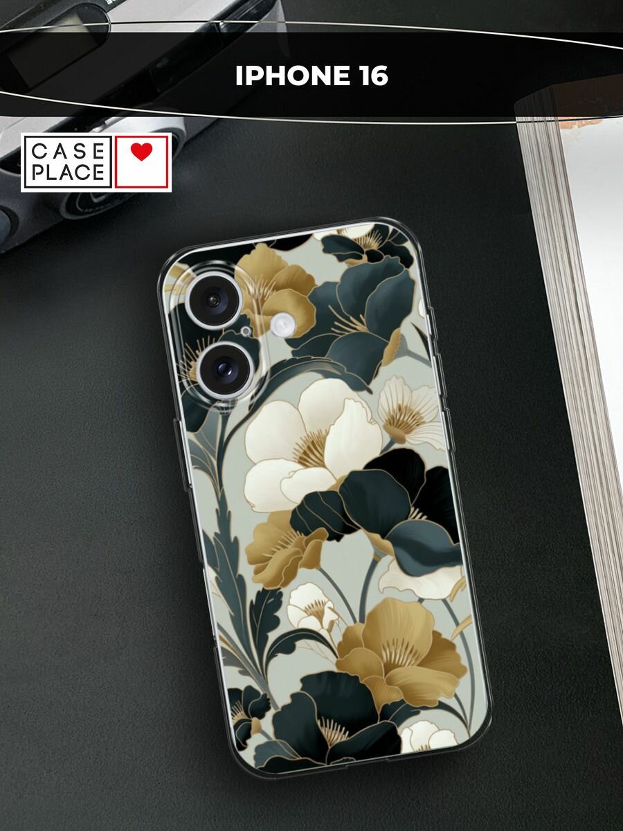 Чехол на Apple iPhone 16 / Айфон 16 с принтом Золотые и белые цветы