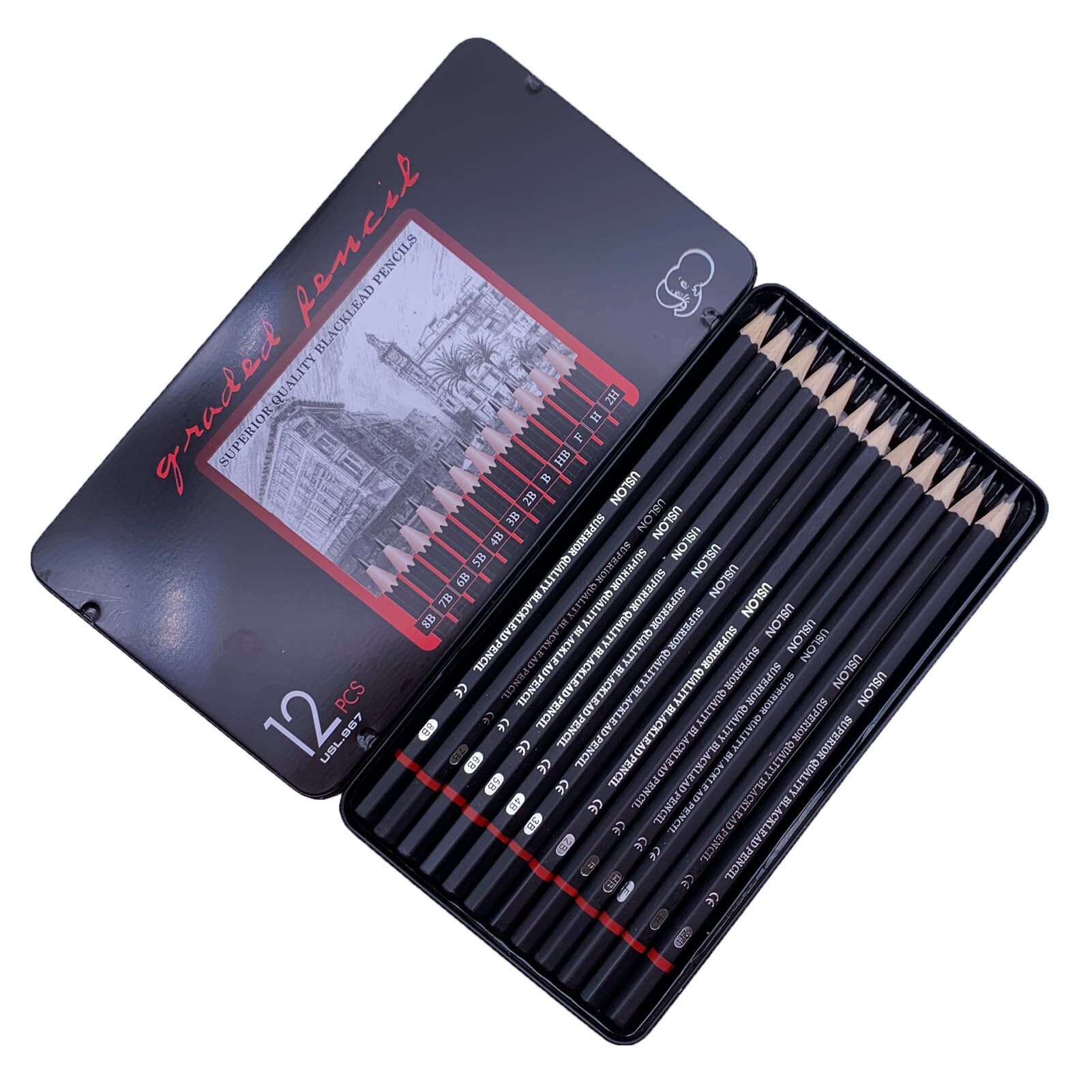 12pcs Drawing Pencil Set Safety Environmental Friendly Sketching Pencils Art Supplies Kit with Iron Box