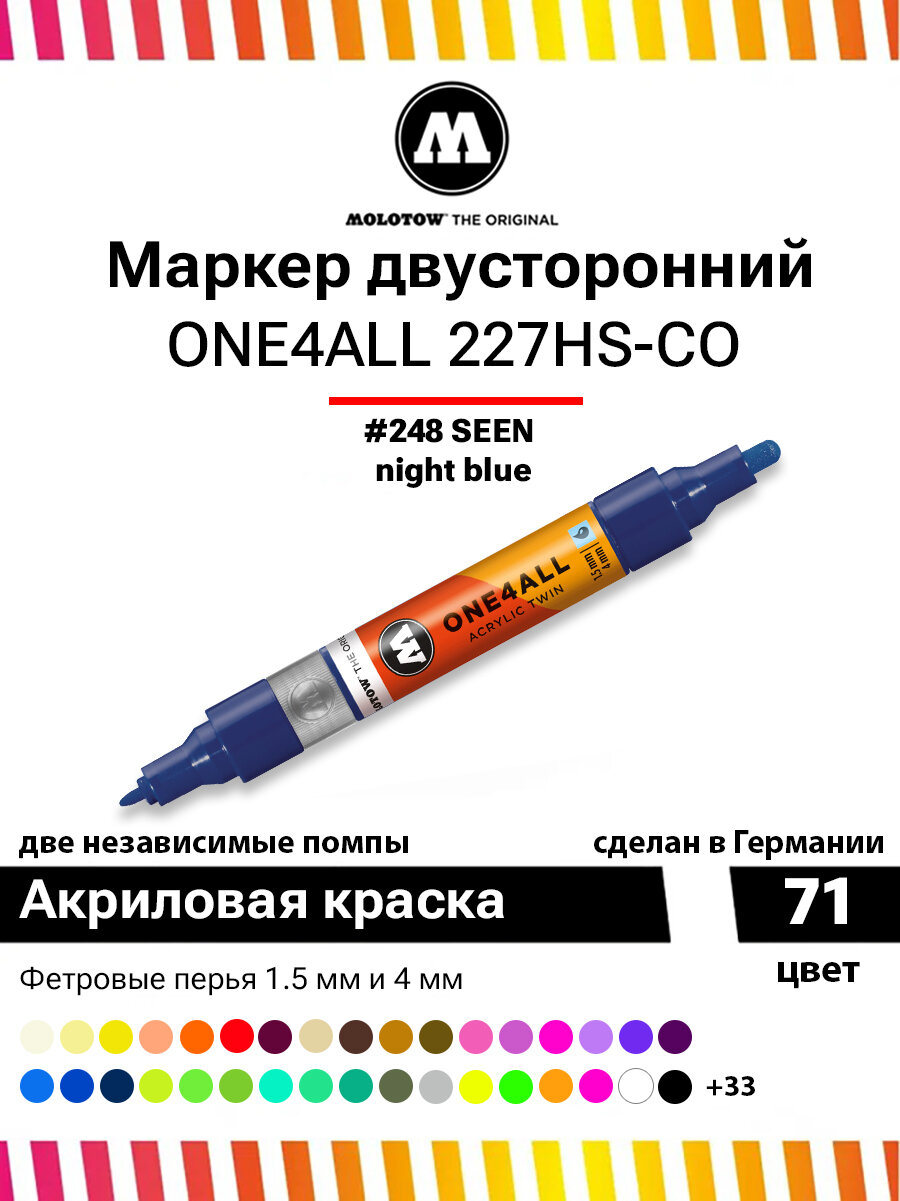 Акриловый двусторонний маркер для граффити, дизайна и скетчинга Molotow One4all 227HS-CO 227454 SEEN Темно-синий #248 1,5 / 4 мм