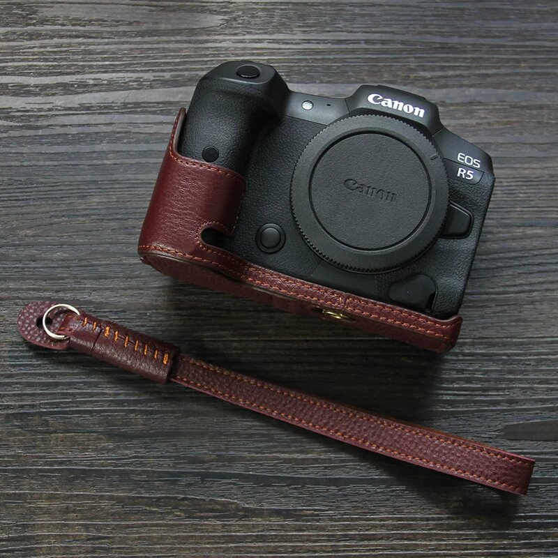 Винный оттенок, кожаный чехол с подставкой и ремешком для Canon EOS R5 R6 R6II из второслойной кожи