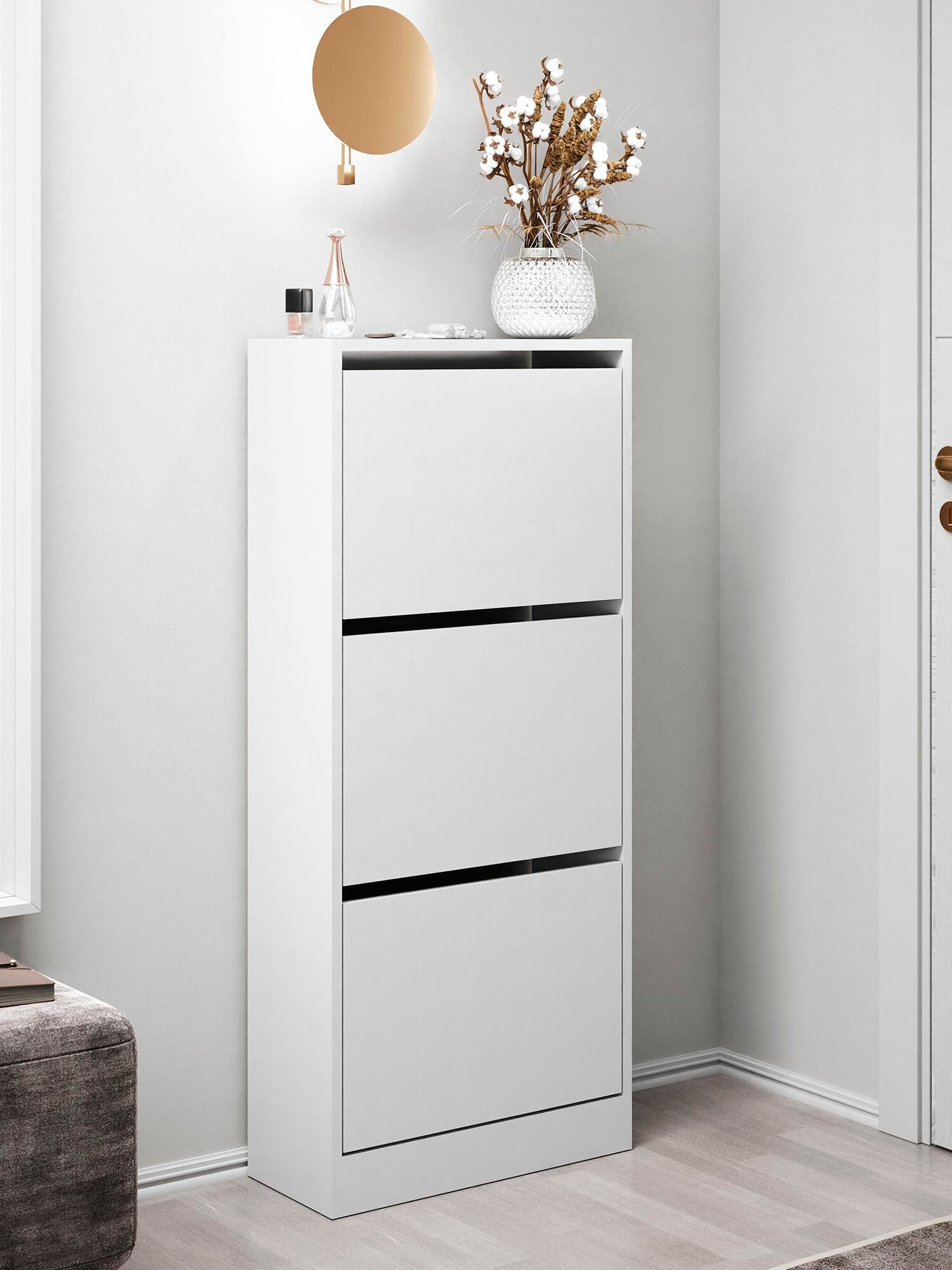 Обувница MFMaster Uno-54, белая, ЛДСП, 51,8x22x117,8 см, 3 откидных ящика