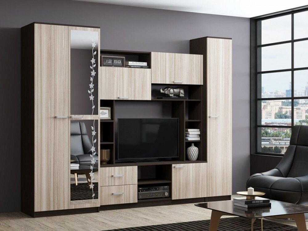 Гостиная Флора-4 ЛДСП ясень шимо светлый/венге (Регион 058)