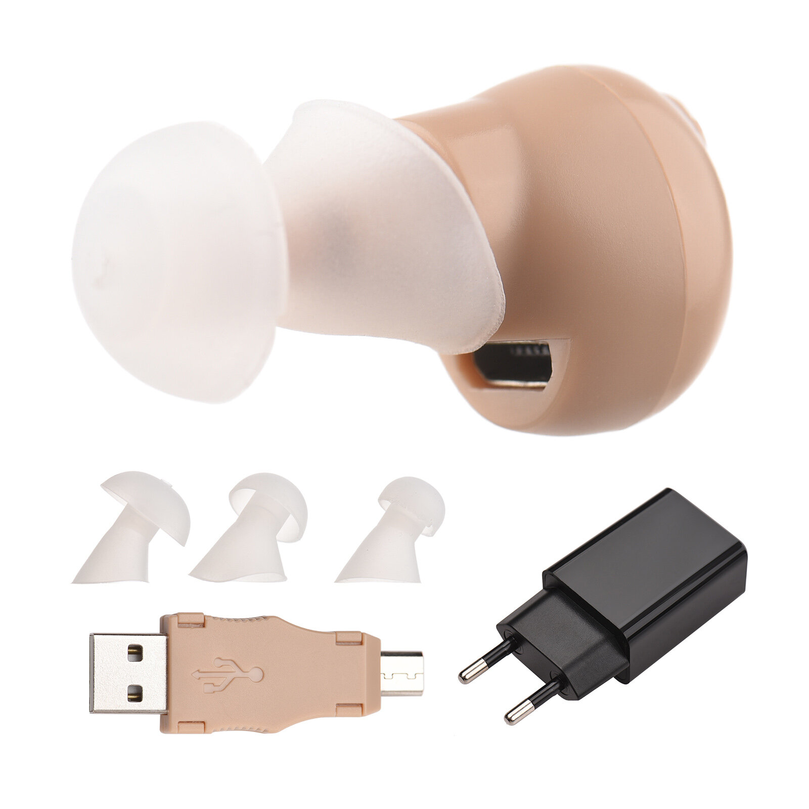 Амплификатор слуха цифровой JZ-1088H5 USB заряжаемый с автономностью 35 ч с адаптером 3 силиконовые наконечники и щетка для очистки коричневый